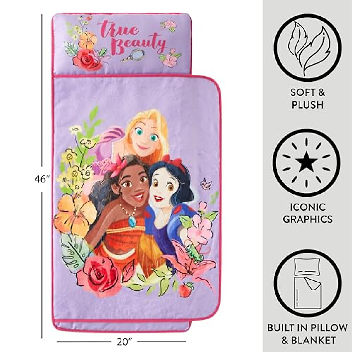 Disney Princess Super Soft Plush Toddler Quilted Nap Mat with Built in Blanket and Pillow, 20" Wx46 L