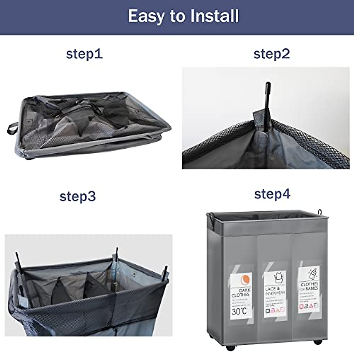 DEDU 120L Laundry Sorter 3 Section Heavy Duty, Extra Large Slim Laundry Hamper Rolling, Collapsible Laundry Basket with Wheels and 2 Leather Handles (Dark Gray)