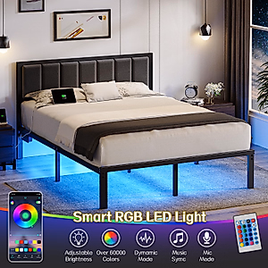 OLEVS Queen Bed Frame with Headboard Metal Platform Bed Queen Size with USB Charging Station and LED Lights, No Box Spring Needed