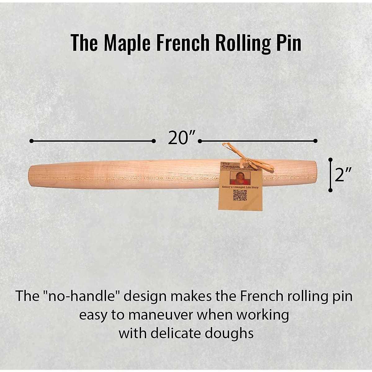 French Rolling Pin Solid Rock Maple Handmade from Adult & Teen Challenge - 20" x 2" - Tapered Handles