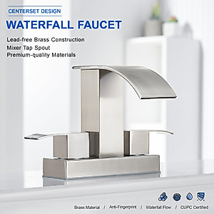 Waterfall Bathroom Sink Faucet Set with Pop Up Drain Stopper & Supply Lines - 4 Inch 2 Handles Centerset Faucet 2 or 3 Hole Lavatory Faucet Bathroom Vanity Mixer Tap Basin Faucets Brushed Nickel