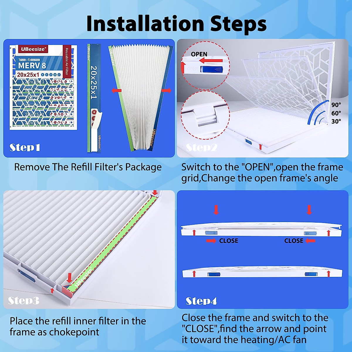 UBeesize Reusable 20x25x1 Air Filter(6-Pack),Upgrade AC/HVAC/Furnace Filter,MERV 8,MPR 700,Easy to Close/Open,1xReusable ABS Frame+6xReplaceable Filter(Actual Size: 19.72x24.6x0.87 Inch)