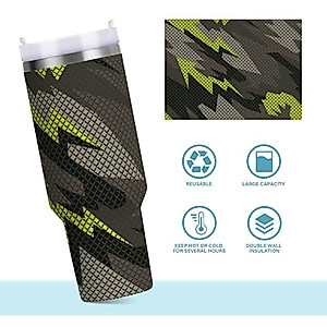 GKCLOCK 40 oz Tumbler with Handle and Straws, Insulated Reusable Stainless Steel Travel Coffee Mug Water Bottle for Office & Outdoor, Cupholder Friendly (Green Camouflage Style)