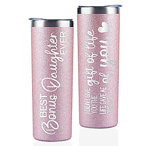 Onebttl Bonus Daughter Gift - 20oz Stainless Steel Travel Mug With Lid and Straw for Birthday, Christmas or Thanksgiving - Best Daughter Ever Glitter Rose