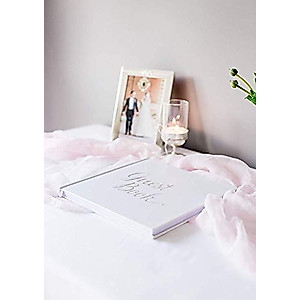 Wedding Guest Book Silver Guestbook - Blank NO Lines - Memory Signature Message Book - Birthday Engagement Party - White Paper Ribbon & Foil Stamping - Thick Paper 32 Page/64 Side Square