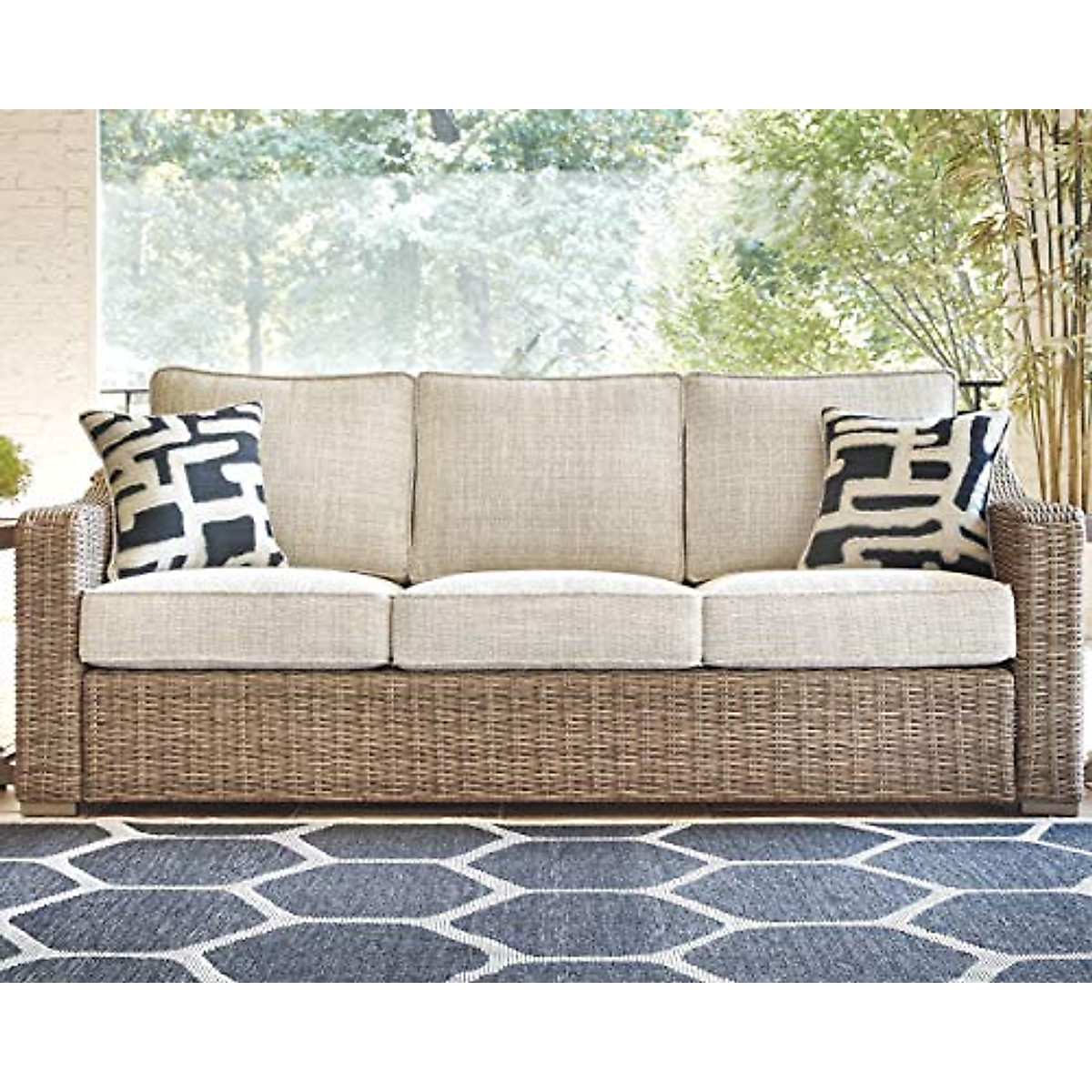 Signature Design by Ashley Beachcroft Outdoor Wicker Patio Sofa with Cushion and 2 Pillows, Beige, Light Gray