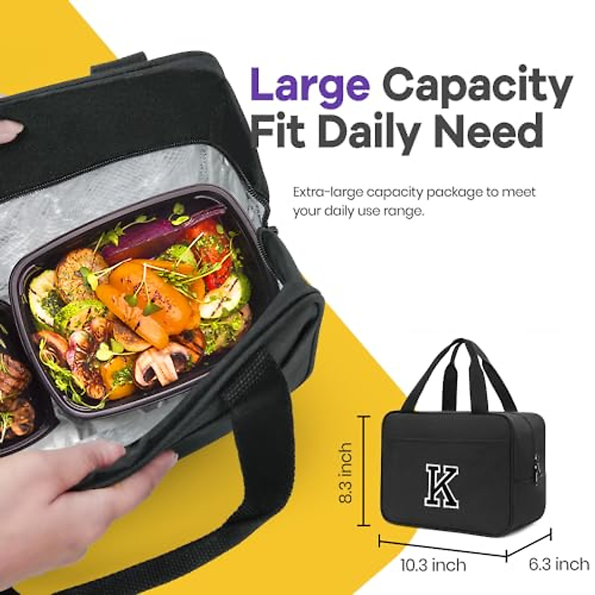 IDEATECH Lunch Bag Women Insulated, Black Lunch Box for Men, Monogrammed Lunch Bags for Work, Personalized Reusable Lunch Tote Bag, Small Cute Lunchbox Cooler Sack (Black, K)