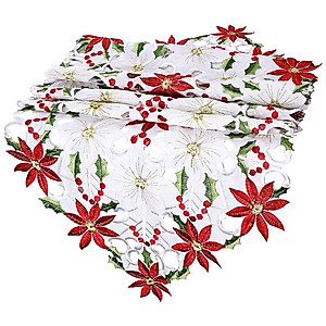 OurWarm Christmas Embroidered Table Runners Poinsettia Holly Leaf Table Linens for Christmas Decorations 15 x 70 Inch