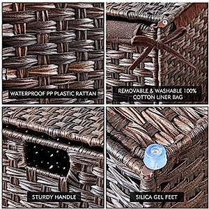 Divided Double Laundry Hamper with Lid, Synthetic Rattan Handwoven Clothes Hamper with Lid and Handles, Foldable, Removable Liner Bag, Brown