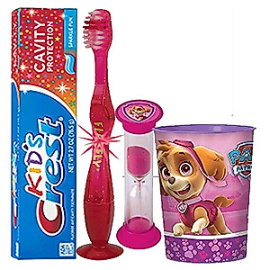 Paw Patrol Skye 4 brilhante Sorriso Higiene Oral Pacote. Acende Escova de dentes, pasta escovagem Temporizador e Elixir Rise Cup. Plus dentário saco e colar de dente Economia.