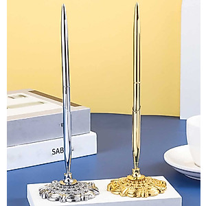 Teensery Wedding Pen Metal Signing Pen Guest Book Pen with Hollow Round Pen Holder for Wedding Bridal Engagement Party Valentine's Day Favors, 1 Piece (Gold)