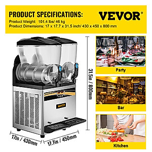 VEVOR Commercial Slushy Machine, 15Lx2 Tank Margarita Maker, 1000W Stainless Steel Smoothie Frozen Drink Maker for Supermarkets Cafés Restaurants Bars Home Use