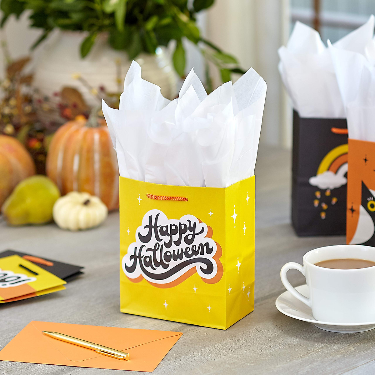 Hallmark Halloween Bag Bundle (8 Small 6" Gift Bags, 4 Designs: Owl, Ghost, Candy Corn Rainbow, "Happy Halloween") for Gift Cards, Classroom Parties, Trick or Treating, Kids Gifts, Fall Party Favors