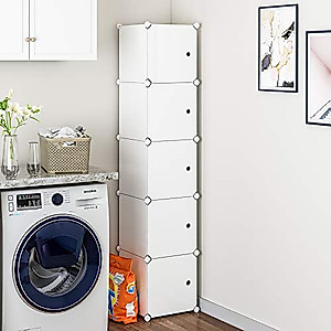 Aeitc Cube Organizer 5-Cube (11.8inx11.8in) Narrow Cabinet Closet Storage Shelves Plastic Storage Shelving for Bedroom, Living Room, Office, White with Doors