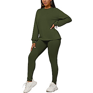 PINSV Womens 2 Piece Outfits Long Sleeve Sweatsuits Outfits Jogging Suits Sweat Loungewear Sets XL Dark Green
