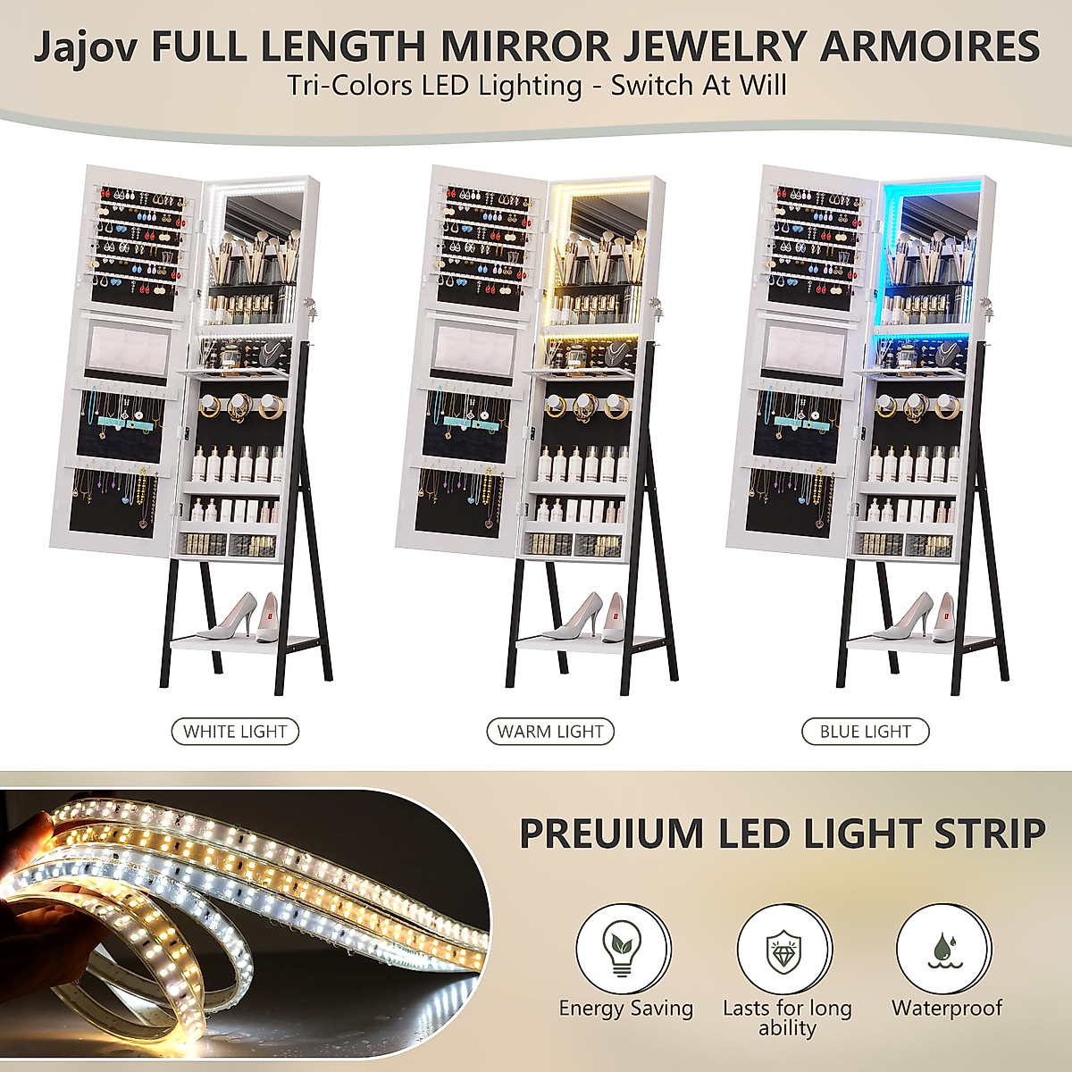jajov 47.2" LED Jewelry Cabinet Armoire, Standing Mirror with Jewelry Storage, Jewelry Organizer Armoire with Full Length Mirror, Lockable Jewelry Mirror Cabinet (White)
