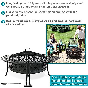 Sunnydaze 40-Inch Round Steel Fire Pit Table with Durable Spark Screen and Poker - Portable Design - Black - Diamond Weave