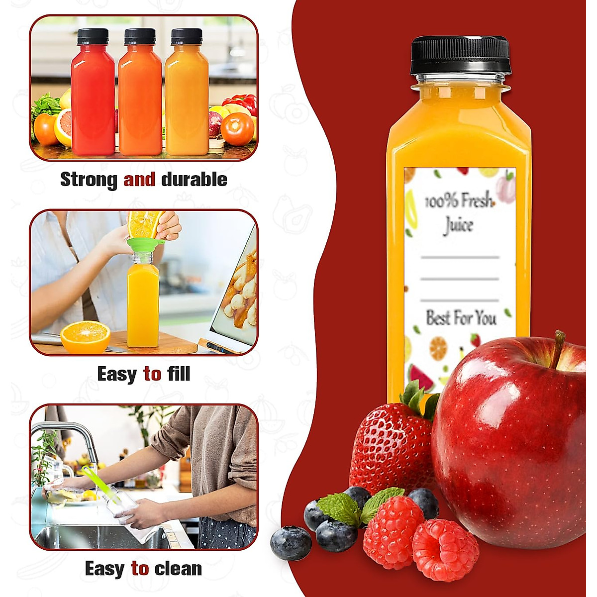 ztarraum 12pcs 12oz Plastic Juice Bottles, Reusable Juice Containers with Black Tamper Proof Lids, Brush, Funnel and Labels, Clear Juice Containers for Juicing, Smoothie and Homemade Beverages