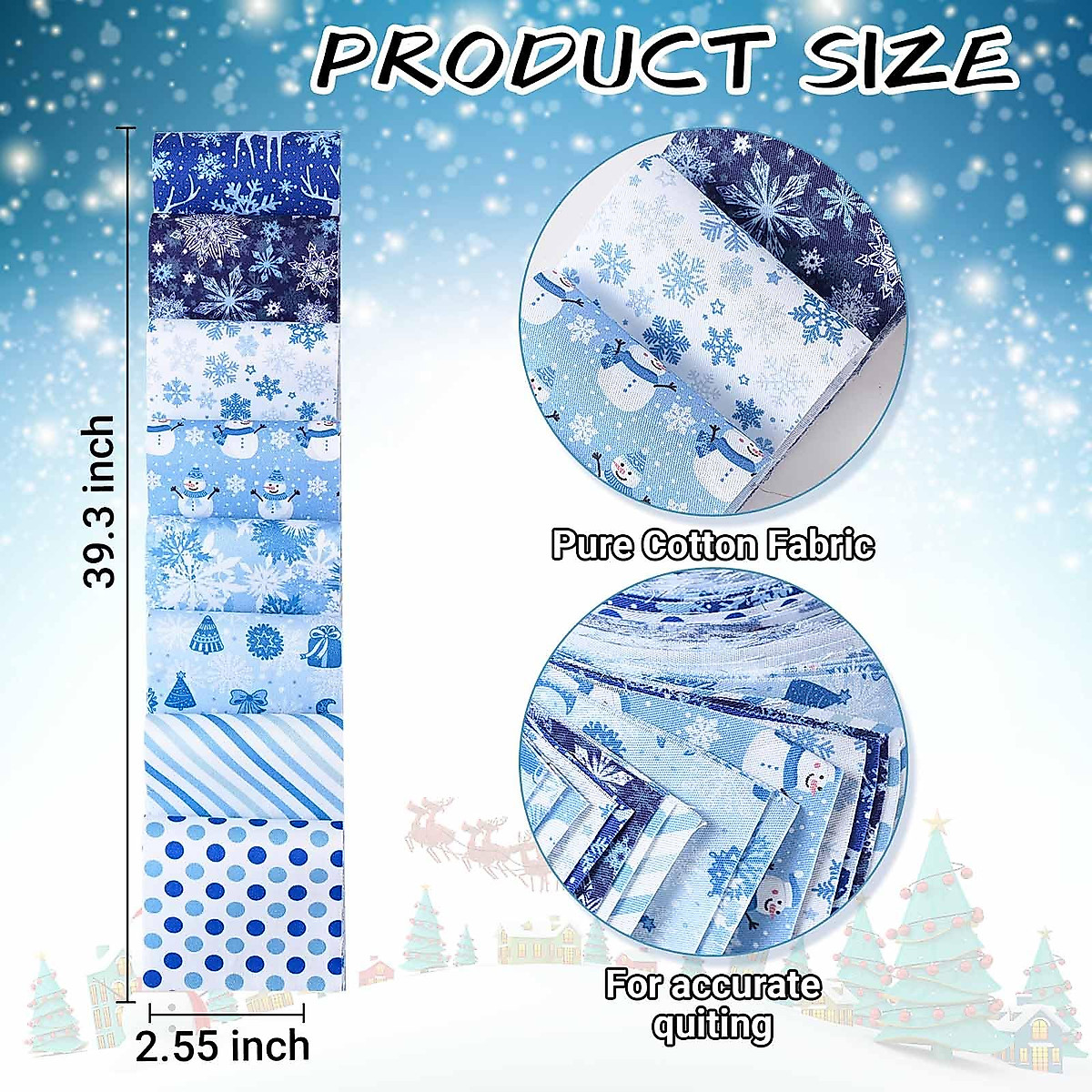 40 Pcs Winter Christmas Snowflakes Cotton Jelly Roll Blue and White Snowflake Reindeer Fabric Strips for Quilting Crafting Snowman Precut Patchwork for Sewing DIY Crafts Cotton Fabric Bundles Strips