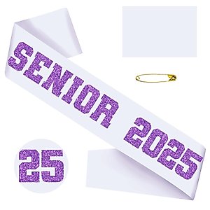 Generic Senior Sash 2025, Graduation Sash White with Purple Glitter Letter, Class of 2025 Sash for Graduation Party, Senior Cheer Sashes, Cheerleader Sash, Class Competition Sashes