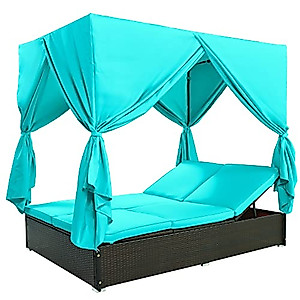 XD Designs Outdoor Patio Wicker Sunbed Daybed with Side and Overhead Curtains, UV-Proof Resin PE Rattan Adjustable Seats for Balcony Garden Backyard Poolside (Blue-1)