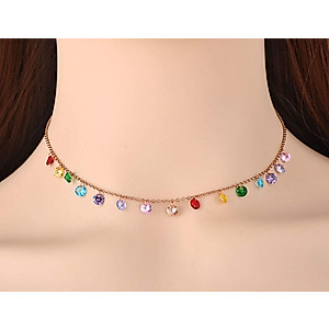 Lokaerlry Trendy Boho Stainless Steel Colorful CZ Crystal Rainbow Choker Necklaces for Women, Dainty Rhinestone Beaded 14k Gold Chain Layering Necklace