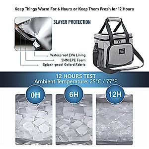 DENUONISS Insulated Lunch Bag for Women/Men Foldable Soft Lunch Cooler Bag Tote Adult Lunch Box Bag Frozen Lunch Bags Thermal Bento Bag for Work Travel Beach Camping,(12L) 16-Can, Gray