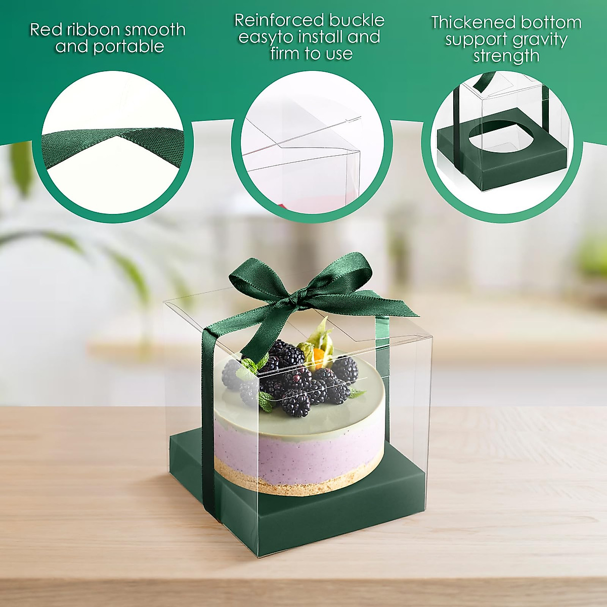 Thenshop 50 Pcs Clear Cupcake Boxes Individual 3.5 Inch Plastic Single Cupcake Containers Boxes with Inserts and Ribbon Individual Cake Storage Holders for Cake Kitchen(Green)