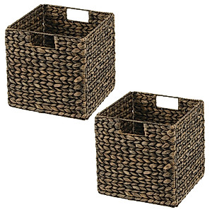 mDesign Natural Woven Hyacinth Cube Organizer Basket with Handles, Storage for Bathroom, Laundry Room Shelf or Nursery - Perfect for Cubby Storage Units - Hold Blankets and Books - 2 Pack, Black Wash