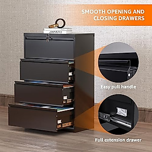 METAN Lateral 4 Drawer File Cabinet, Locking Metal File Cabinet for Home Office, Steel Lateral File Cabinet for Letter Legal Size, Assembly Required, Black
