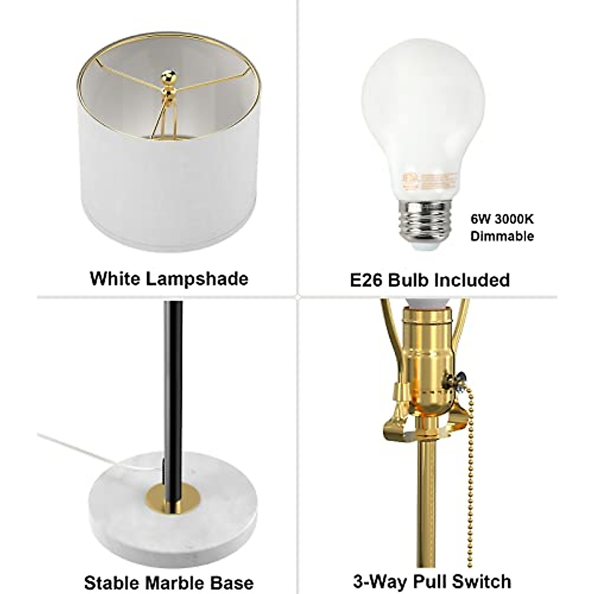 Floor Lamp for Living Room Adjustable Tall Standing Lamp, 3-Way Dimmable Floor Lamp for Bedroom Office, Black Gold Lamp with Marble Base and White Linen Shade, 6W 3000K LED Blub Included