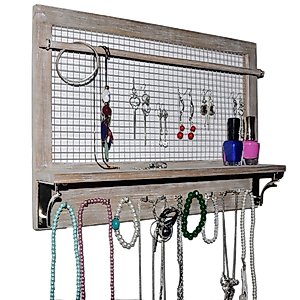 Spiretro White Jewelry Organizer, Wall Mount Jewelry Holder Rack with Hooks Shelf and Removable Rod Hanging Display Earrings Necklaces Bracelets Rings Storage Accessories Wood