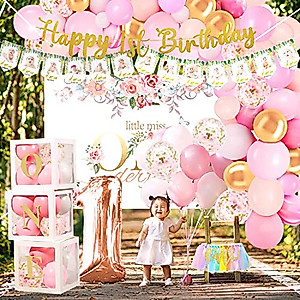 PYCALOW First Birthday Decorations Girl - 1st Birthday Girl Decorations Include Balloon Garland Arch, Box, Backdrop, Hat, Banner, High Chair Banner, Poster, Topper, Baby Girl 1st Birthday Decorations