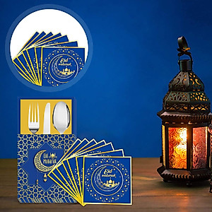 Eid Mubarak Napkins Paper,18 Count Cutlery Holders and 36 Count Ramadan Napkins Lucky Cutlery Decorative Utensil Holders for Ramadan Table Disposable Decorations