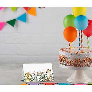 Table Place Card, Jungle Safari Animals Themed Tent Style Cards, Pack of 25 Half-Fold Reception Place Card, Wild Animal Food Labels, Perfect for Baby Shower, Birthday Party C03