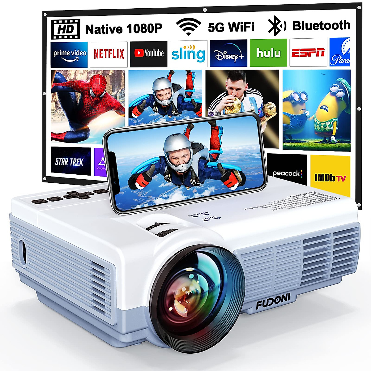 Projector with WiFi and Bluetooth, 2022 Upgraded 5G WiFi Projector Native 1080P HD 4K Supported, FUDONI Outdoor Projector with Screen, Portable Home Projector for HDMI, USB, Laptop, TV Stick, Phone