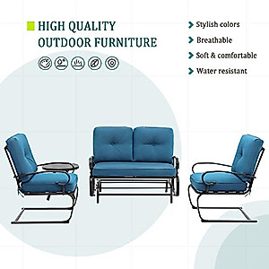 Oakmont 4 Pieces Outdoor Furniture Patio Conversation Set Glider Loveseat, 2 Chairs with Round Side Table Spring Lounge Chair Sets Metal Frame Wrought Iron Look (Peacock Blue)