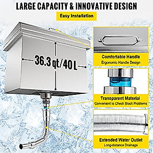 VEVOR Drop in Ice Chest 20''L x 14''W x 13''H Drop in Cooler Stainless Steel with Hinged Cover Bar Ice Bin 36.3 qt Drain-Pipe and Drain Plug Included for Cold Wine Beer