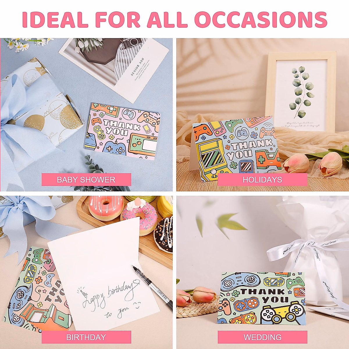 JOELELI 24 Pack Video Game Kids Thank You Cards with Envelope, Funky Gaming Bulk Thank You Notes Small Cute Blank Notecards Greeting Cards Varied Gratitude Card for Kids Birthday Baby Shower