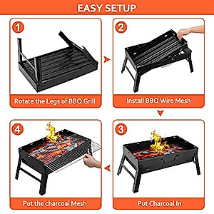 Portable BBQ Grill Folding Charcoal Grill, 17 * 10’’ Barbecue Area Stainless Grill, Lightweight Instant Smoker Grill, Small Grill, Table Top Grill for Outdoor Barbecues Camping Picnics Beach Party