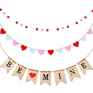 Valentines' Day Banner Set, Heart-Shaped Holiday Felt Banner Valentine Burlap Banner Felt Ball Garland Colorful Pom Pom Garland for Party and Home Decoration(Be Mine Theme)