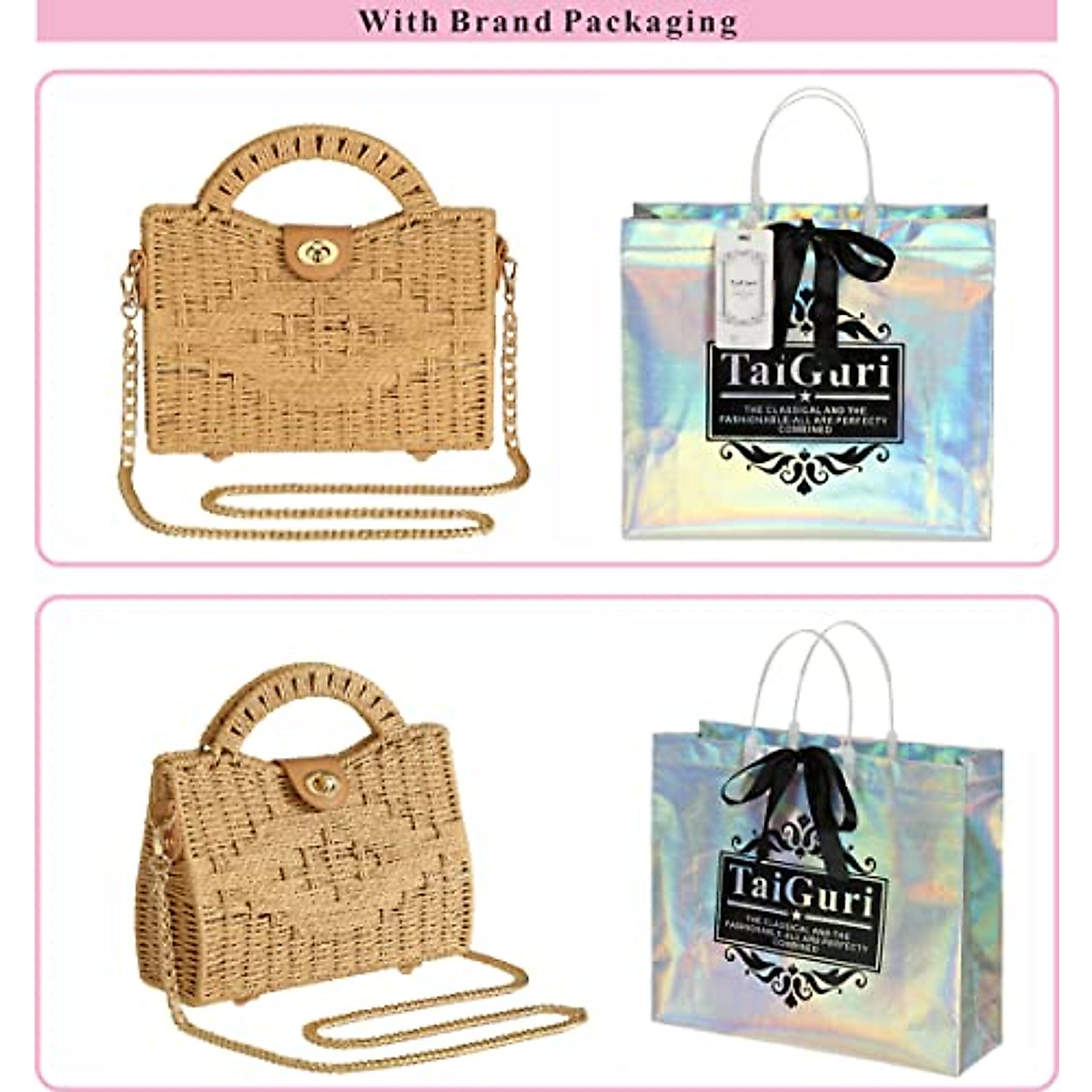 TaiGuri Women's Handmade Straw Rattan Woven Chain Strap Purse Handbag Tote Shoulder Bag Khaki