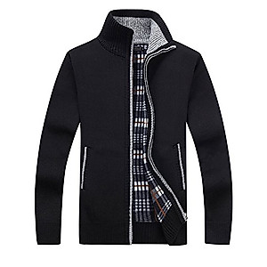 Yeokou Men's Casual Slim Full Zip Thick Knitted Cardigan Sweaters with Pockets (Large, Black)