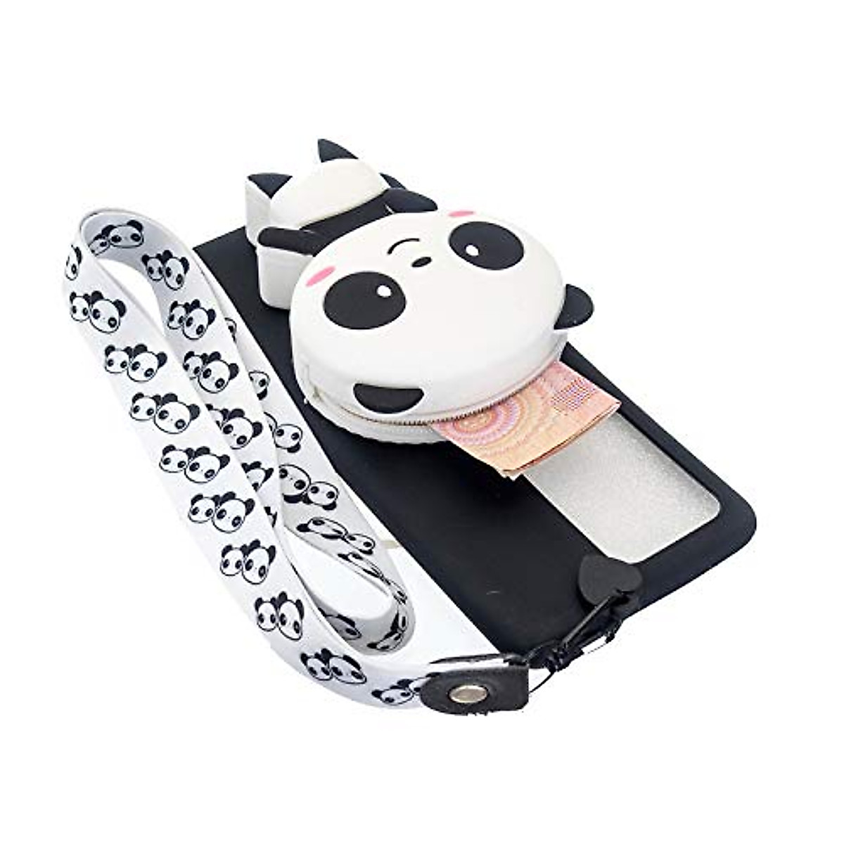 Girlyard for Samsung Galaxy S21 Ultra 6.8 Inch Silicone Case with 3D Cartoon Zipper Wallet Purse Stand Holder Back Cover and Long Detachable Lanyard Strap Phone Case for Kids Girls, Black Panda