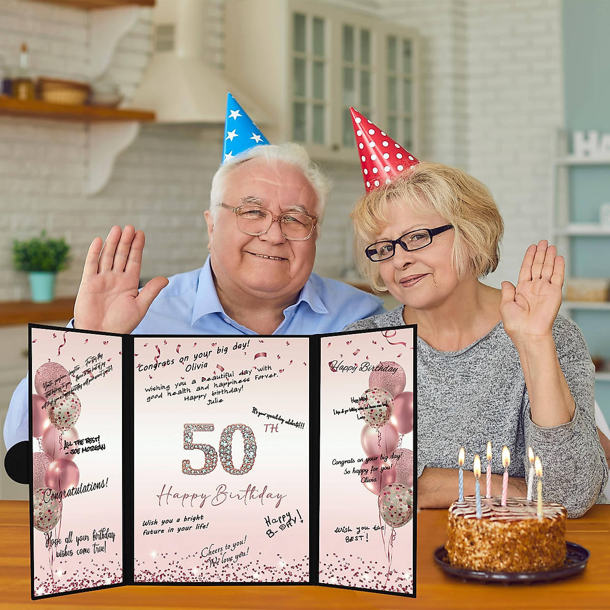 DARUNAXY Rose Gold 50th Birthday Party Decorations for Women, Happy 50th Birthday Alternative Signature Guest Book Black Pink 50 Birthday Signing Card Board Party Supplies Cheers to 50 Years Old Gift