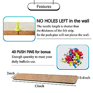Felt Pin Board Bar Strips Bulletin Board Tiles for Wall Damage-Free with 40 Push Pins Memo Notice Boards as Classroom Office Decor, 4 Pack