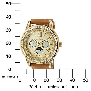 Peugeot Women Crystal Bezel Dress Watch, Day Date Moon Phase Function & Mother of Peal Dial with Roman Numeral, Brown Suede Strap