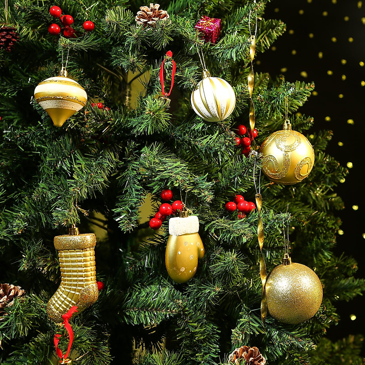 AMS 81ct Christmas Ball Ornaments Holiday Tree Decorations in a Reusable Hand-Help Gift Box for Xmas Tree Decor(Gold)