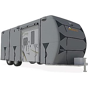 KING BIRD 210D Oxford Travel Trailer RV Cover, Rip-Stop Grid-Woven, Fits 27-30Ft Camper Motorhome - Waterproof, Windproof, Anti-UV with 2 PCS Straps & 4 Tire Covers
