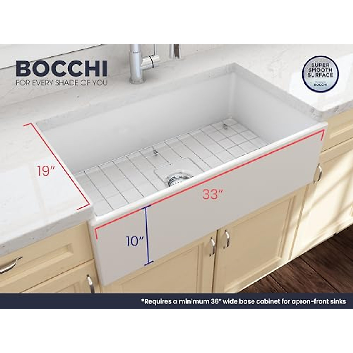 BOCCHI Contempo Farmhouse Apron Front Fireclay 33 in. Single Bowl Kitchen Sink with Protective Bottom Grid and Strainer in White